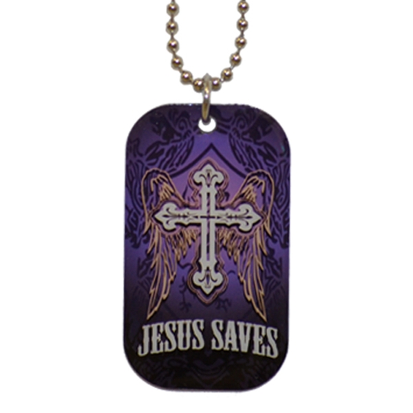 Jesus Saves Cross With Wings Dog Tag | Romans 5:1